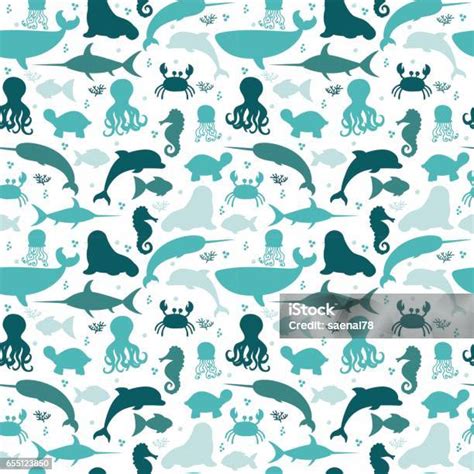 실루엣 물고기 문 어 게 해파리 바다 코끼리 돌고래 해 마 거북이 고래로 수 중 완벽 한 패턴입니다 바다 생활 해양 생물에 대한