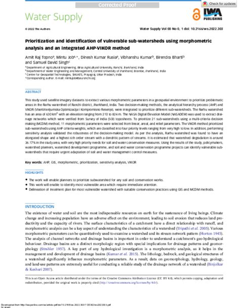 Pdf Prioritization And Identification Of Vulnerable Sub Watersheds Using Morphometric Analysis