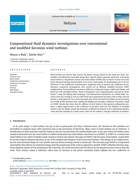 Pdf Computational Fluid Dynamics Investigations Over Conventional And Modified Savonius Wind