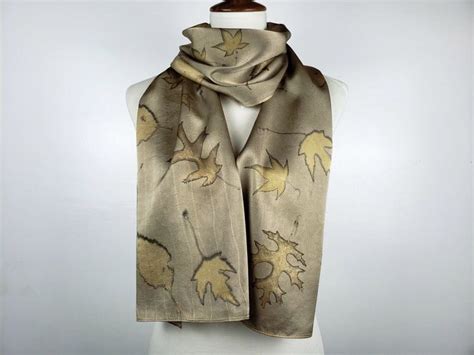 Golden Brown Scarf Ecoprint Silk Scarf Leaf Print Botanical Etsy