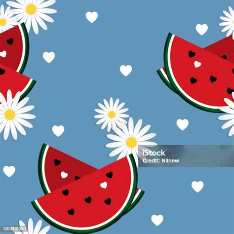 푸른 배경에 심장 씨앗 흰색 꽃과 작은 마음과 신선한 잘 익은 수박의 원활한 패턴 여름 개념에 대한 벡터 일러스트 레이션 디자인입니다 0명에 대한 스톡 벡터 아트 및 기타