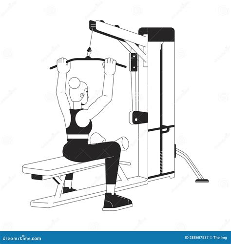 Woman Grasping Bar On Lat Pulldown Machine Flat Line Black White Vector Character Stock