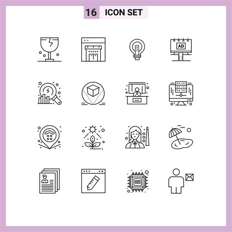 User Interface Pack Of 16 Basic Outlines Of Banner Ad Bulb Power Light Editable Vector Design