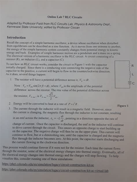 Online Lab 7 RLC Circuits Adapted By Professor Field Chegg Com
