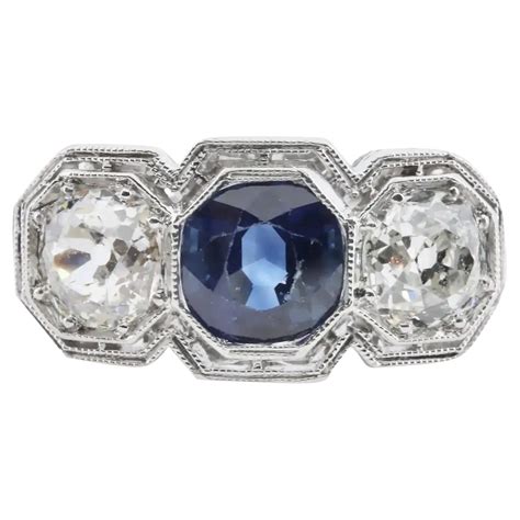 Art Deco 250ctw Three Stone No Heat Sapphire And Diamond Ring In