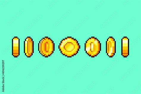 Set Of 8 Bit Pixel Graphics Icons Game Art Coins Of Gold For