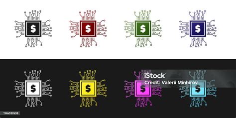 흑백 배경에 고립 달러 아이콘으로 프로세서 칩을 설정 합니다 Cpu 중앙 처리 장치 마이크로칩 마이크로 회로 컴퓨터 프로세서 칩 벡터 일러스트 Cpu에 대한 스톡 벡터 아트