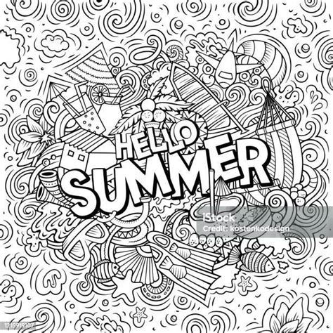 안녕하세요 여름 손으로 그린 만화 낙서 그림입니다 재미 있는 계절 디자인입니다 색칠하기에 대한 스톡 벡터 아트 및 기타 이미지 색칠하기 여름 문자 Istock