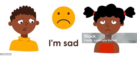 슬픈 아이들 슬픈 표정으로 소년과 소녀 후회 고통 분노 외로움 화가 우울의 감정 만화 캐릭터 교육 이모티콘 아프로 아메리칸 키즈