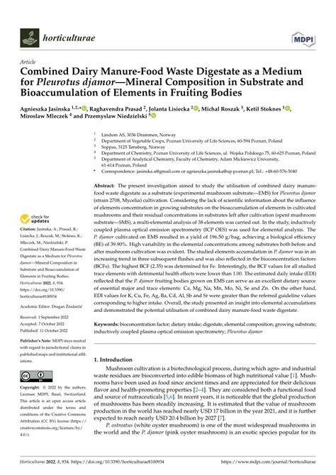 (PDF) Combined Dairy Manure-Food Waste Digestate as a Medium for Pleurotus djamor—Mineral ...