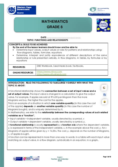 Maths Gr8 Functions And Relationships Learning Concepts And Skills