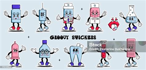 의료 캐릭터 의사 간호사 주사기 병 및 기타 그루비 스타일의 스티커 세트 의료 시설 디자인 어린이 의학 서적 표지 소책자 전단지 웹 앱 벡터 시험관에 대한 스톡 벡터 아트