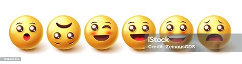 이모티콘 문자 벡터 세트입니다 미소 얼굴을 붉히고 깜짝 놀란 얼굴 캐릭터 컬렉션의 이모티콘 3d 그래픽 디자인 이모티콘은 흰색 배경에서 고립되어 있습니다 감정에 대한 스톡
