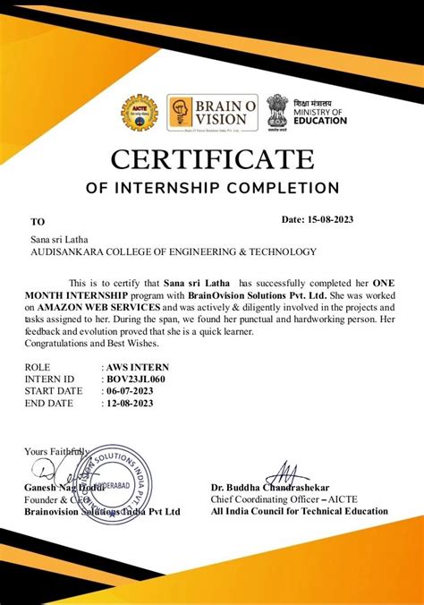 Certificate Of Internship Completion From Brainovision Srilatha Sana