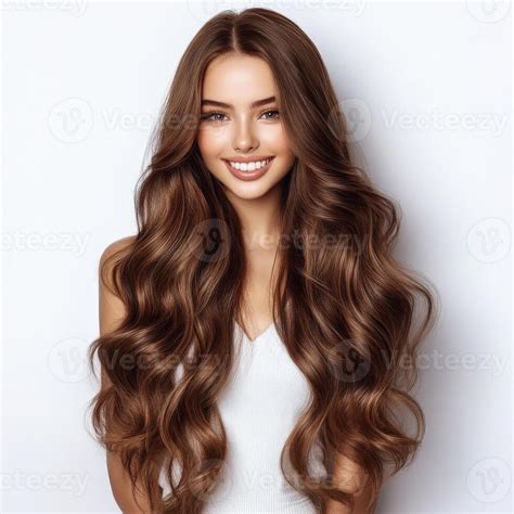 Beautiful Woman With Long Wavy Brown Hair Posing Against A Neutral