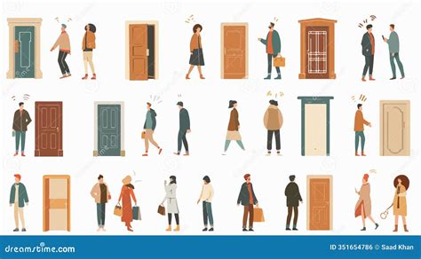 diverse people opening doors entering exiting home set stock vector