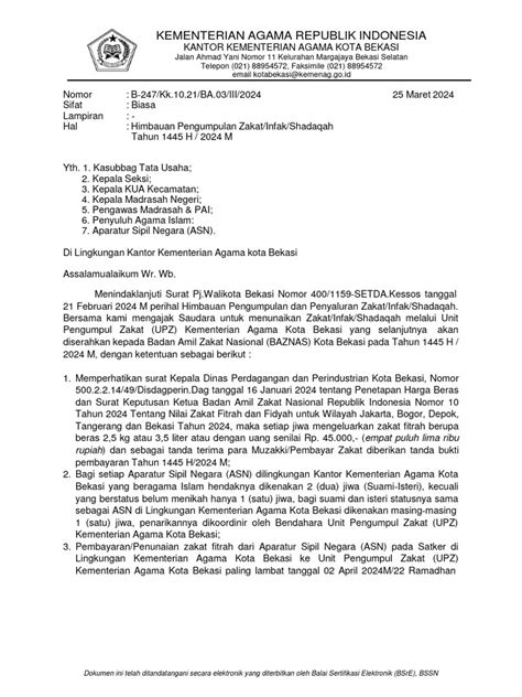 Surat Himbauan Zakat Infaq Shadaqah Tahun 2024 M Kemenag Kota Bekasi Pdf