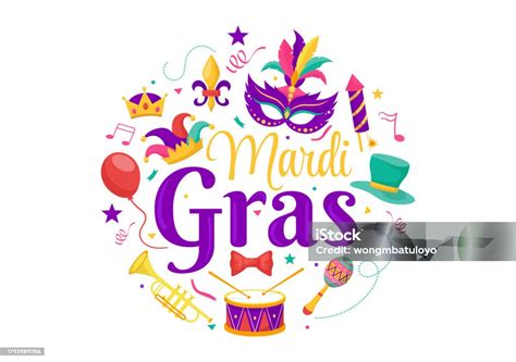 마디 그라 카니발 벡터 일러스트 레이 션 번역은 뚱뚱한 화요일에 대한 프랑스어입니다 보라색 배경에 마스크 마라카스 기타 깃털