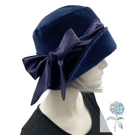 Cloche Hat Women Navy Blue Velvet Hat With Satin Band And Bow 1930s