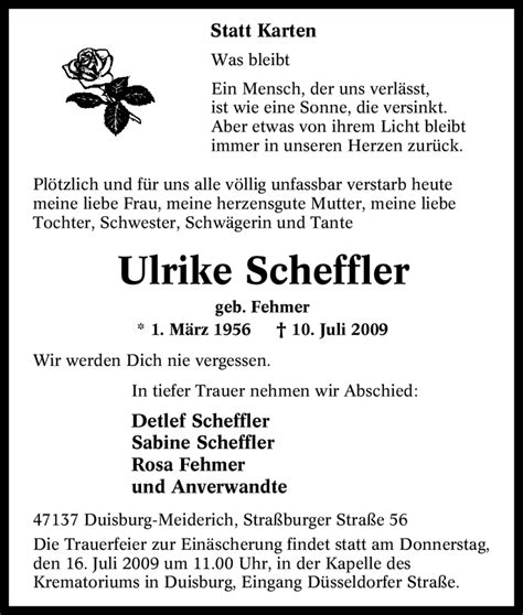 Traueranzeigen Von Ulrike Scheffler Trauer In Nrwde