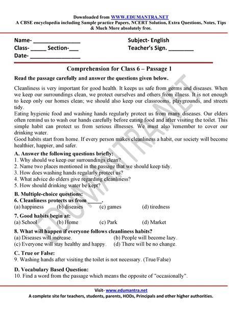 50 Comprehension For Class 6 Passages Mcq Subjective Exercises