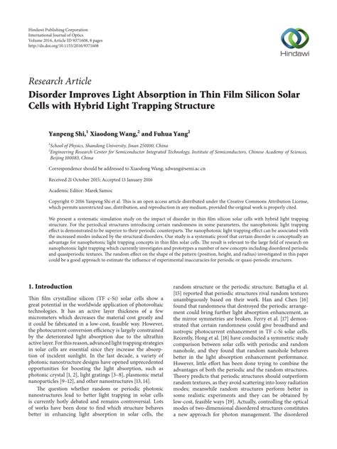Pdf Disorder Improves Light Absorption In Thin Film Silicon Solar Cells With Hybrid Light