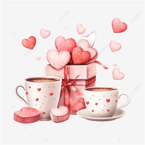 해피 발렌타인 데이 귀여운 선물 상자와 커피 컵 사랑의 마음 해피 발렌타인 데이 사랑 카드 사랑의 날 Png 일러스트 및