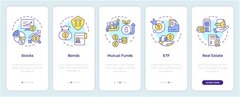 Investments Types Onboarding Mobile App Screen Walkthrough 5 Steps Editable Graphic