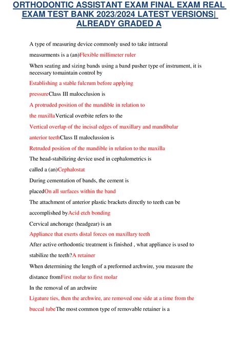 Orthodontic Assistant Practice Exam Questions And Correct Answers