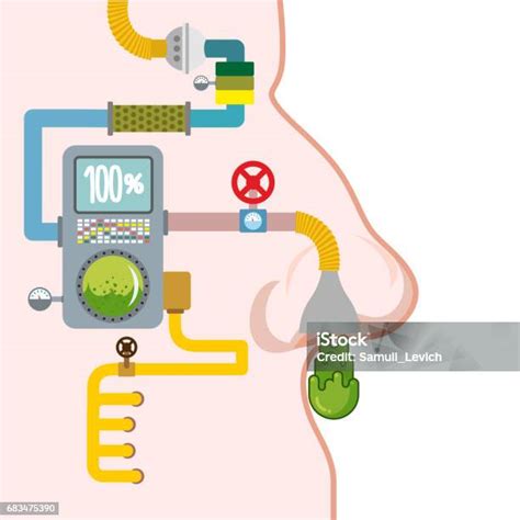 코 딱지 생산입니다 사람의 배설 시스템입니다 업계 콧에 대 한 자동화 된 라인입니다 도깨비 공장입니다 인간의 머리에 녹색 점액의 제조 기술 건강관리와 의술에 대한 스톡 벡터