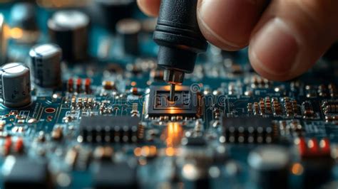 Technician Testing A Circuit Board With A Probe In A Laboratory During