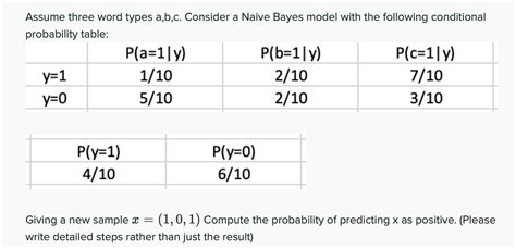 solved assume three word types a b c consider a naive bayes