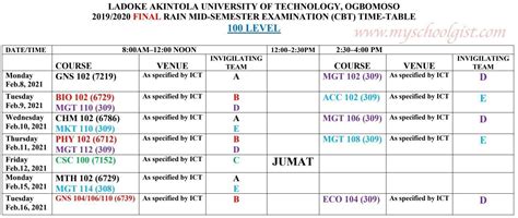 LAUTECH Rain Mid-Semester Exam (CBT) Timetable 2019/2020 • MySchoolGist