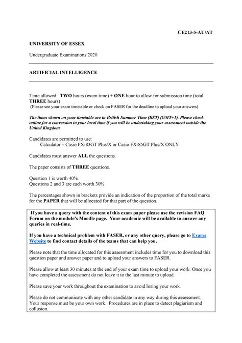 ce213 artificial intelligence 2020 exam university of essex