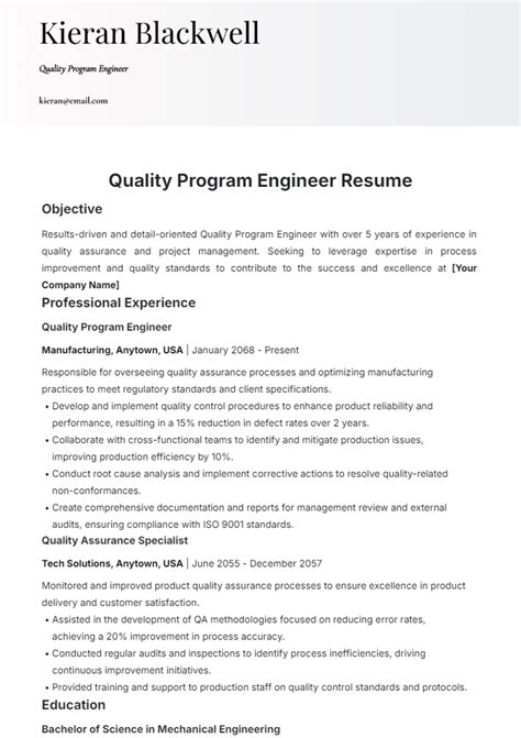 Free Quality Program Engineer Resume Template To Edit Online
