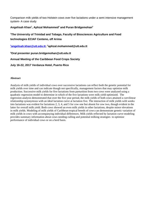 Pdf Comparison Milk Yields Of Two Holstein Cows Over Five Lactations Under A Semi Intensive