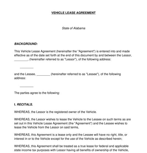 Motor Vehicle Lease Agreement Template Pdf Template