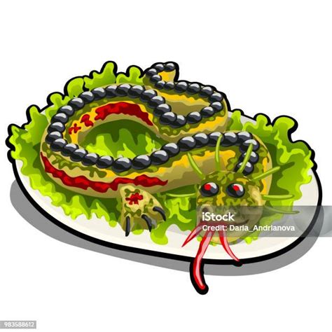 아름 답게 장식 샐러드 용의 형태로 되어 있습니다 흰색 배경에 고립 레스토랑 서명 요리 벡터 만화일러스트 레이 션 가공의 인물에