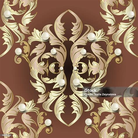 골드 바로크 3d 패턴 원활한 벡터 빈티지 골동품 스타일 꽃 다 마스크 장식입니다 화이트 우아함의 진주 화려한 보석 배경입니다 럭셔리 로얄 디자인입니다 반복 장식적인 표면