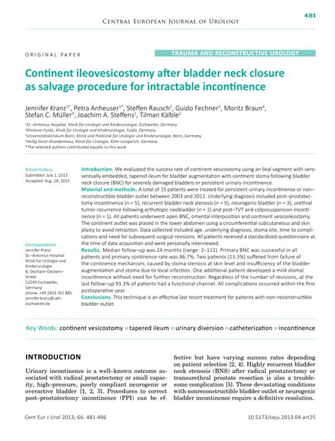 Pdf Continent Ileovesicostomy After Bladder Neck Closure As Salvage