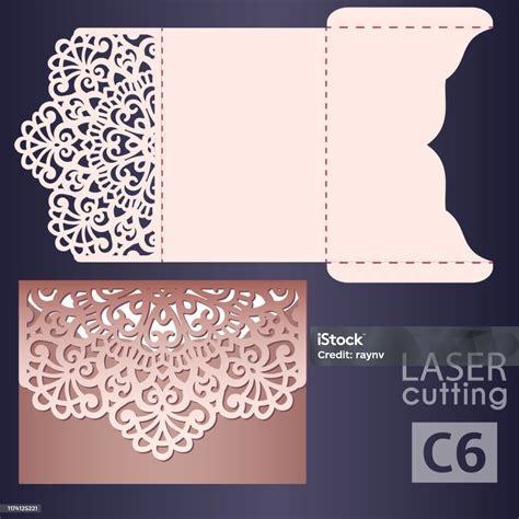 레이저 컷 웨딩 초대장 카드 템플릿 벡터입니다 추상 적인 장식과 결혼식 초대장 또는 인사말 포켓 봉투 카드를 엽니다 인사말 카드 초대장 메뉴에 적합합니다 0명에 대한 스톡