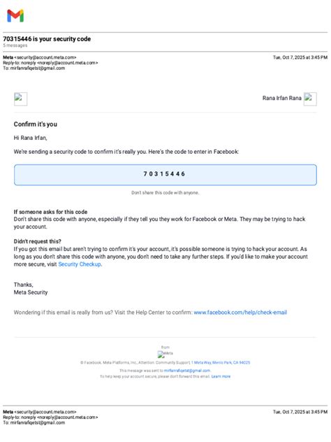 Meta Security Code Confirmation Email Pdf Cyberspace World Wide Web