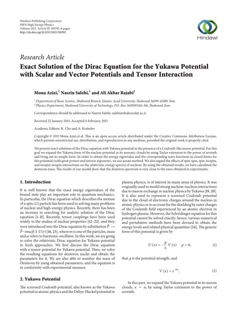 Pdf Exact Solution Of The Dirac Equation For The Yukawa Potential With Scalar And Vector
