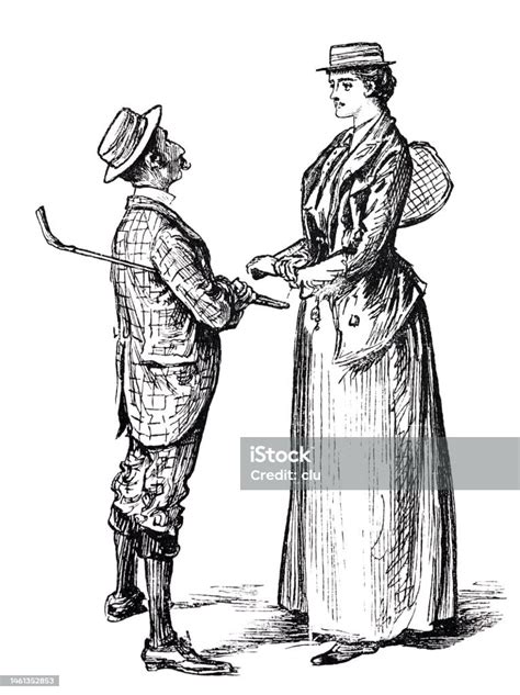 두 명의 스포츠맨이 이야기하고 여자 테니스 선수와 남자 크리켓 선수 1890 1899 년에 대한 스톡 벡터 아트 및 기타 이미지