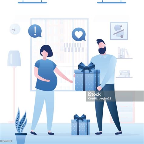 임신한 아내에게 선물을 주는 행복한 남자 부부 부모 아기를 위한 선물 사랑 커플 행복한 가족 아내 축하합니다 배경에 거실 인테리어 가족에 대한 스톡 벡터 아트 및 기타