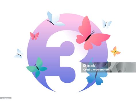 나비와 웹 사이트 배너 포스터 인쇄 인사말 카드를위한 번호 3으로 디자인하십시오 숫자 나무가있는 아름다운 밝은 나비의 벡터