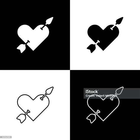 흑백 배경에서 격리된 하트 와 화살표 아이콘으로 Amour 기호를 설정합니다 사랑 기호 발렌타인 기호 벡터 2월에 대한 스톡