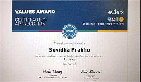 suvidha prabhu on linkedin latepost certificateofappreciation