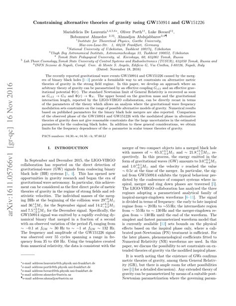 Pdf Constraining Alternative Theories Of Gravity Using Gw150914 And Gw151226