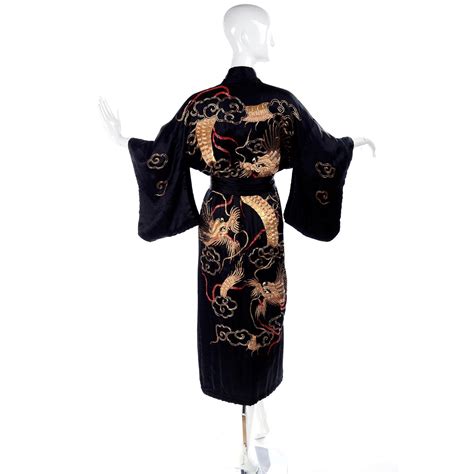 Vintage Black Silk Kimono W Gold Metallic Chinese Dragons Clouds And